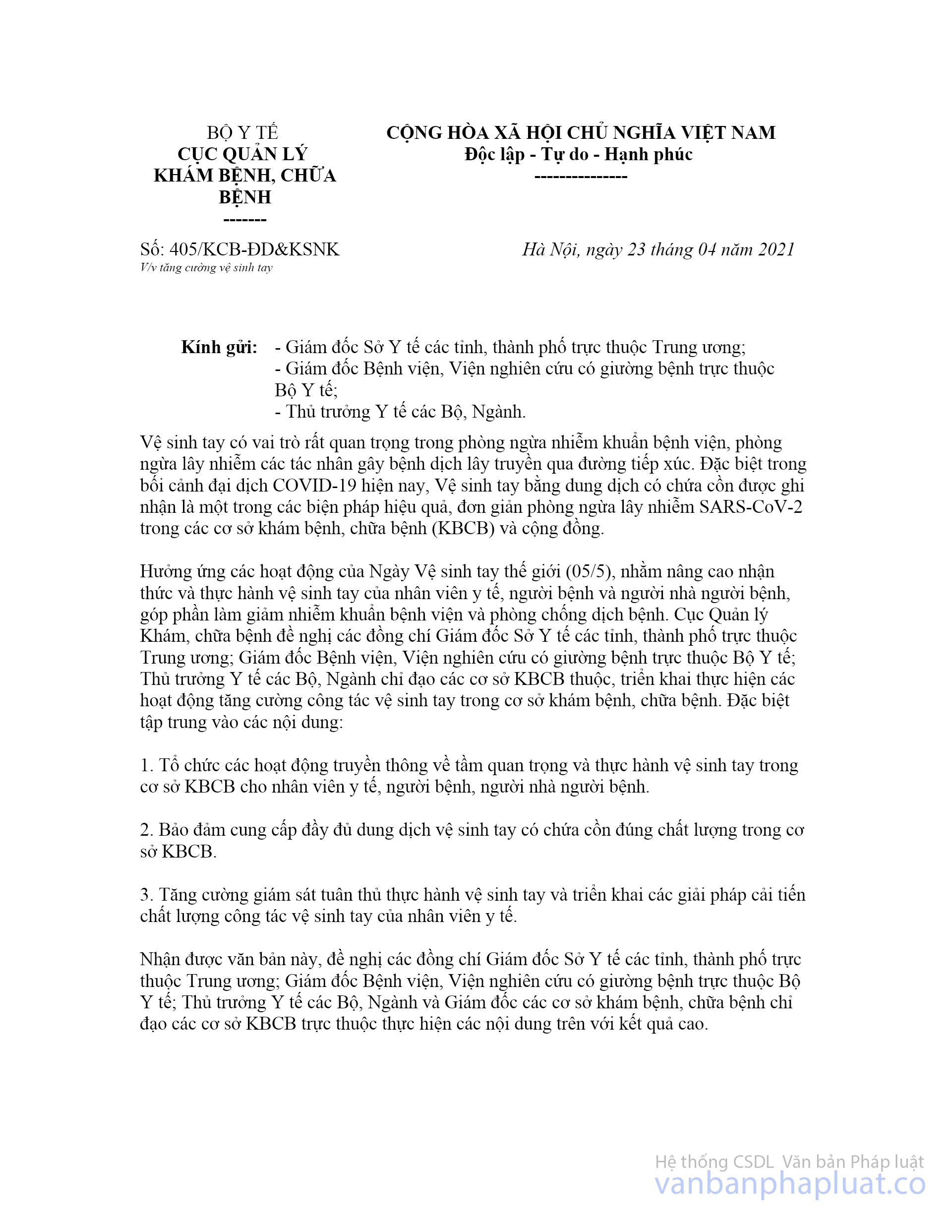 Công văn 405/KCB-ĐD&KSNK 2021 tăng cường giám sát vệ sinh tay