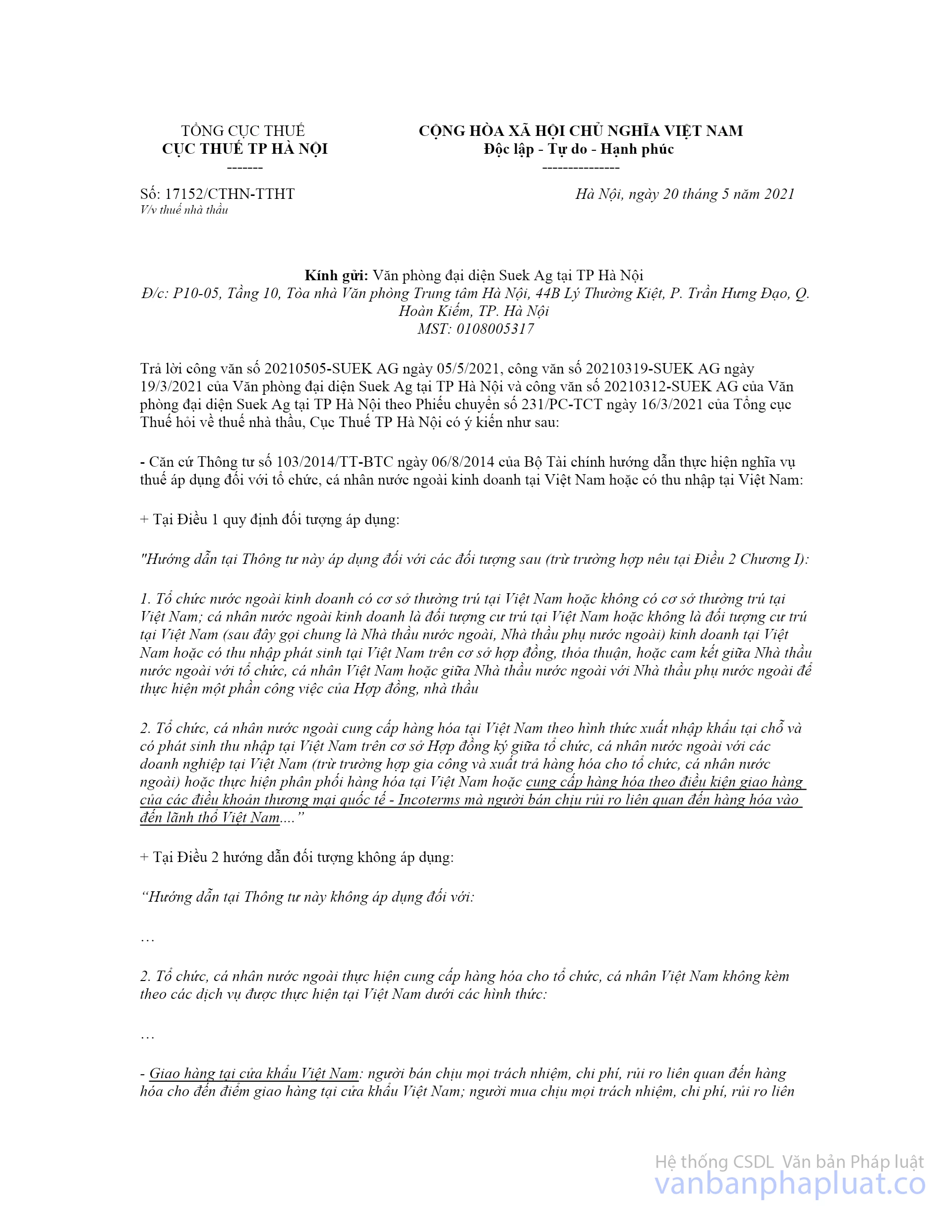 Công văn 17152/CTHN-TTHT 2021 thuế nhà thầu Cục Thuế thành phố Hà Nội