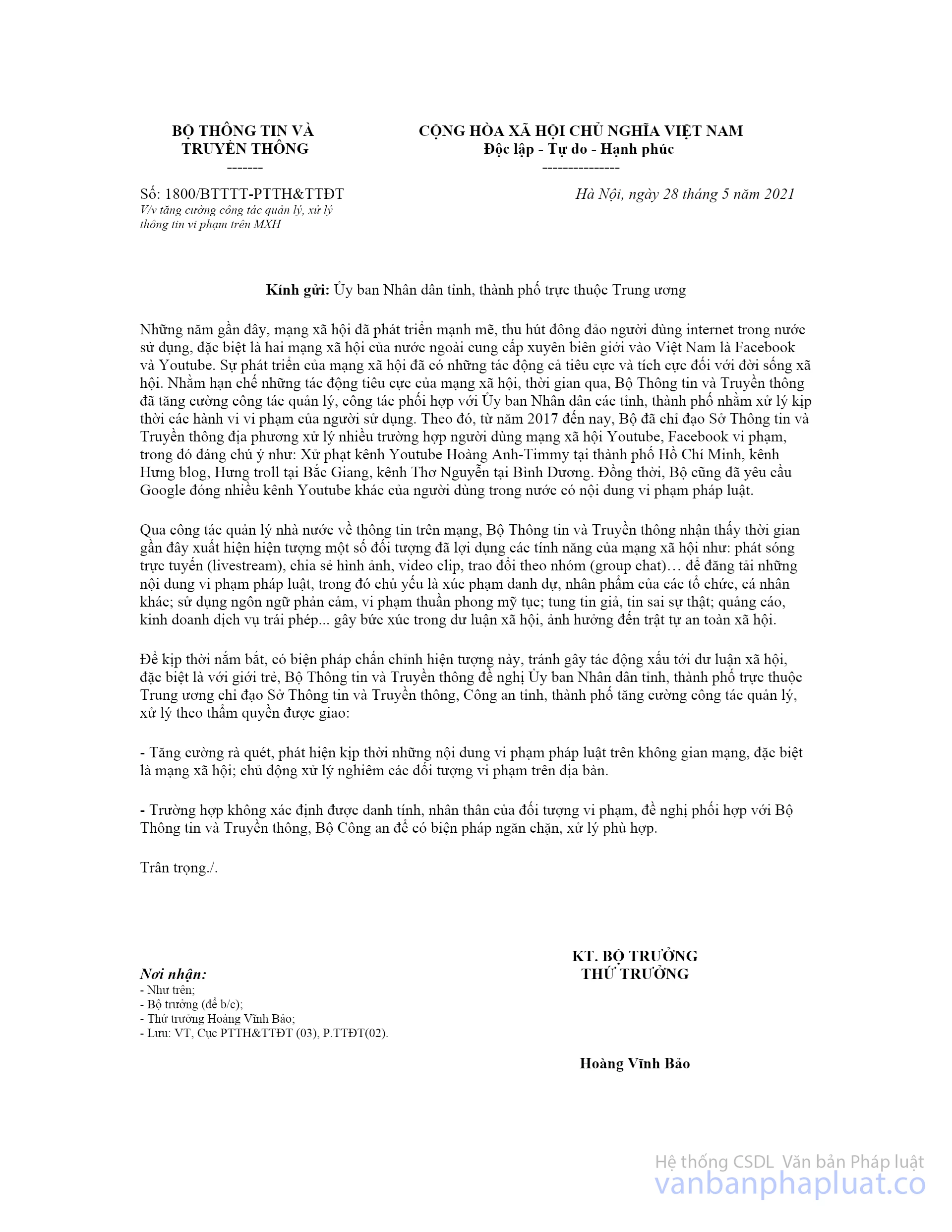 Công văn 1800/BTTTT-PTTH&TTĐT 2021 tăng cường quản lý thông tin vi phạm ...