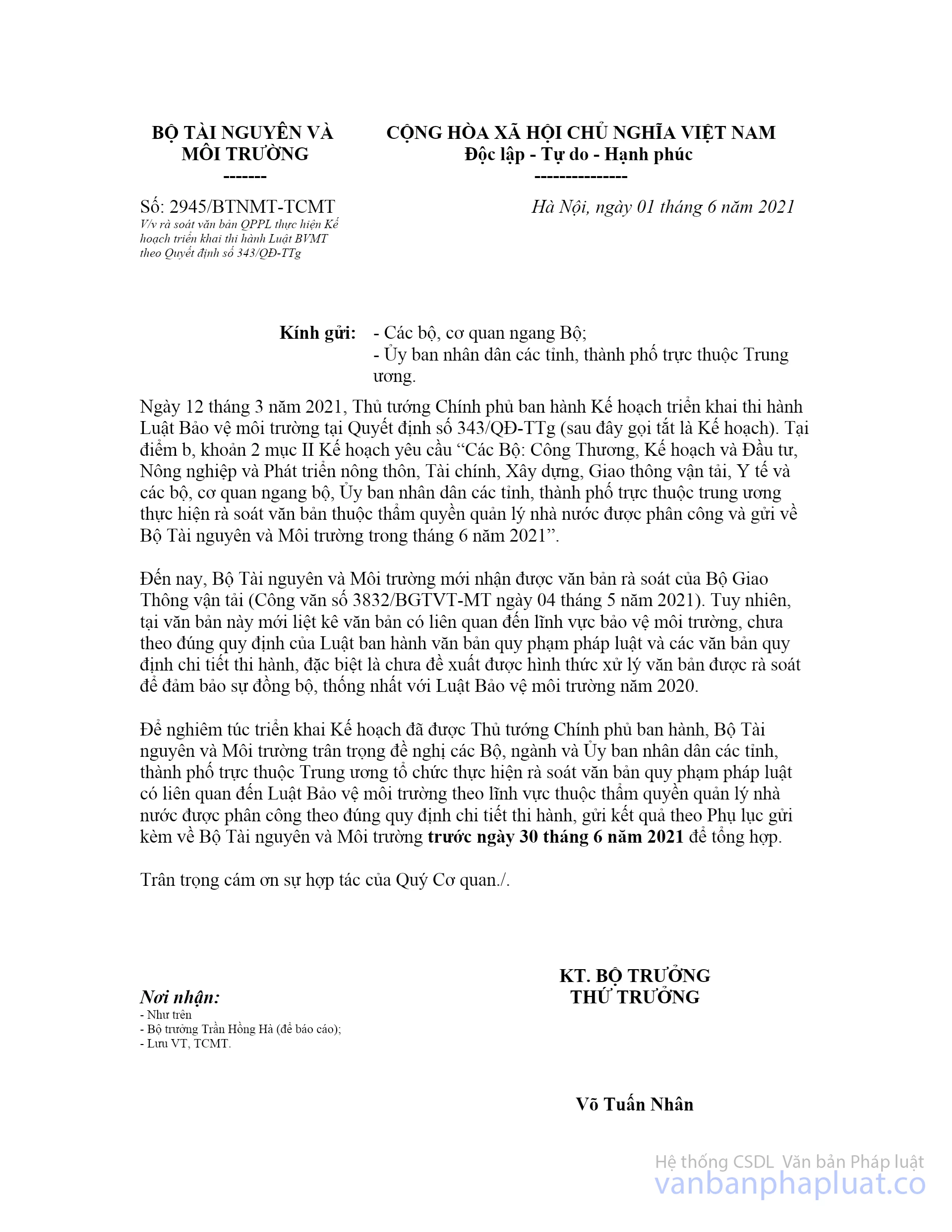 Công văn 2945/BTNMT-TCMT 2021 rà soát văn bản quy phạm pháp luật theo ...