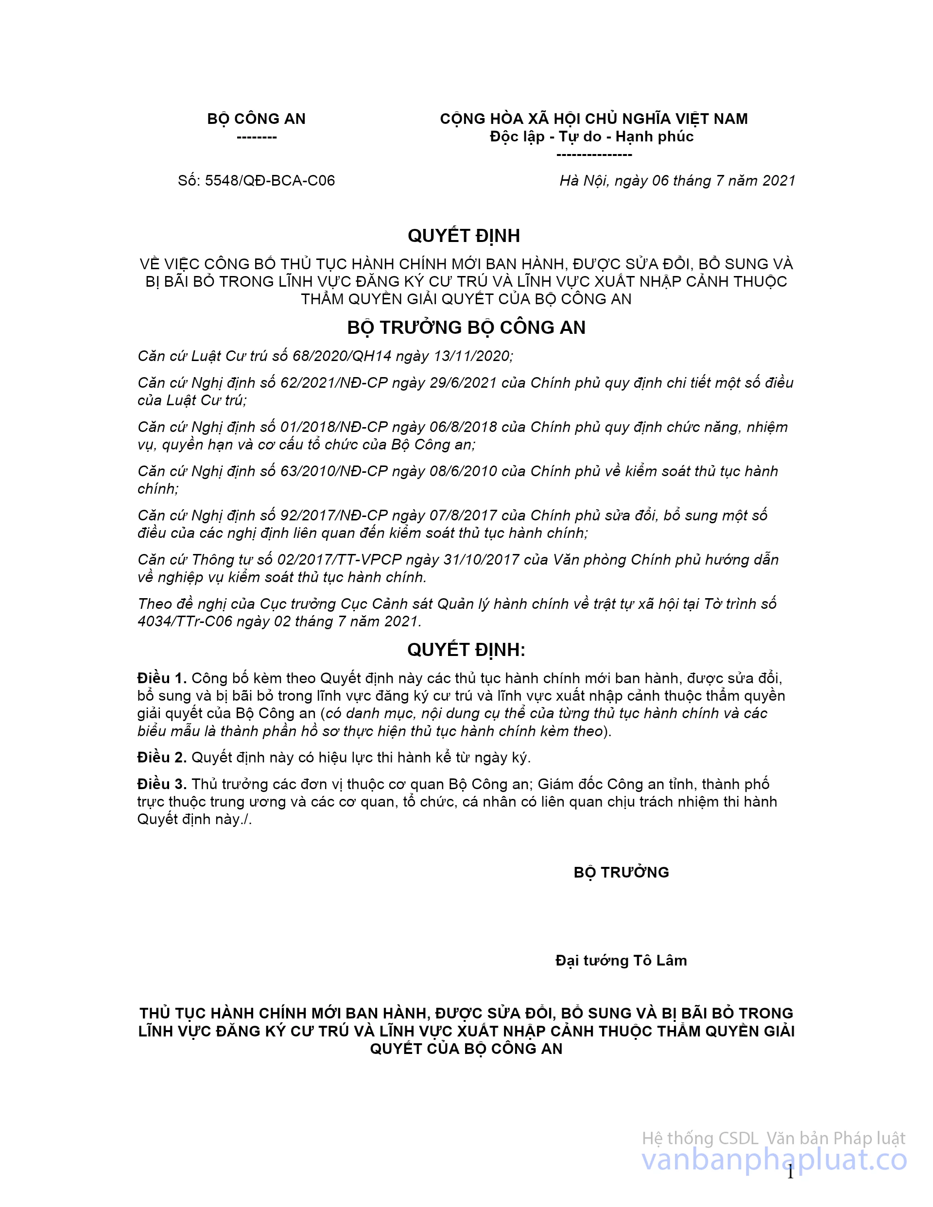 Quyết định 5548/QĐ-BCA-C06 2021 công bố thủ tục hành chính lĩnh vực ...