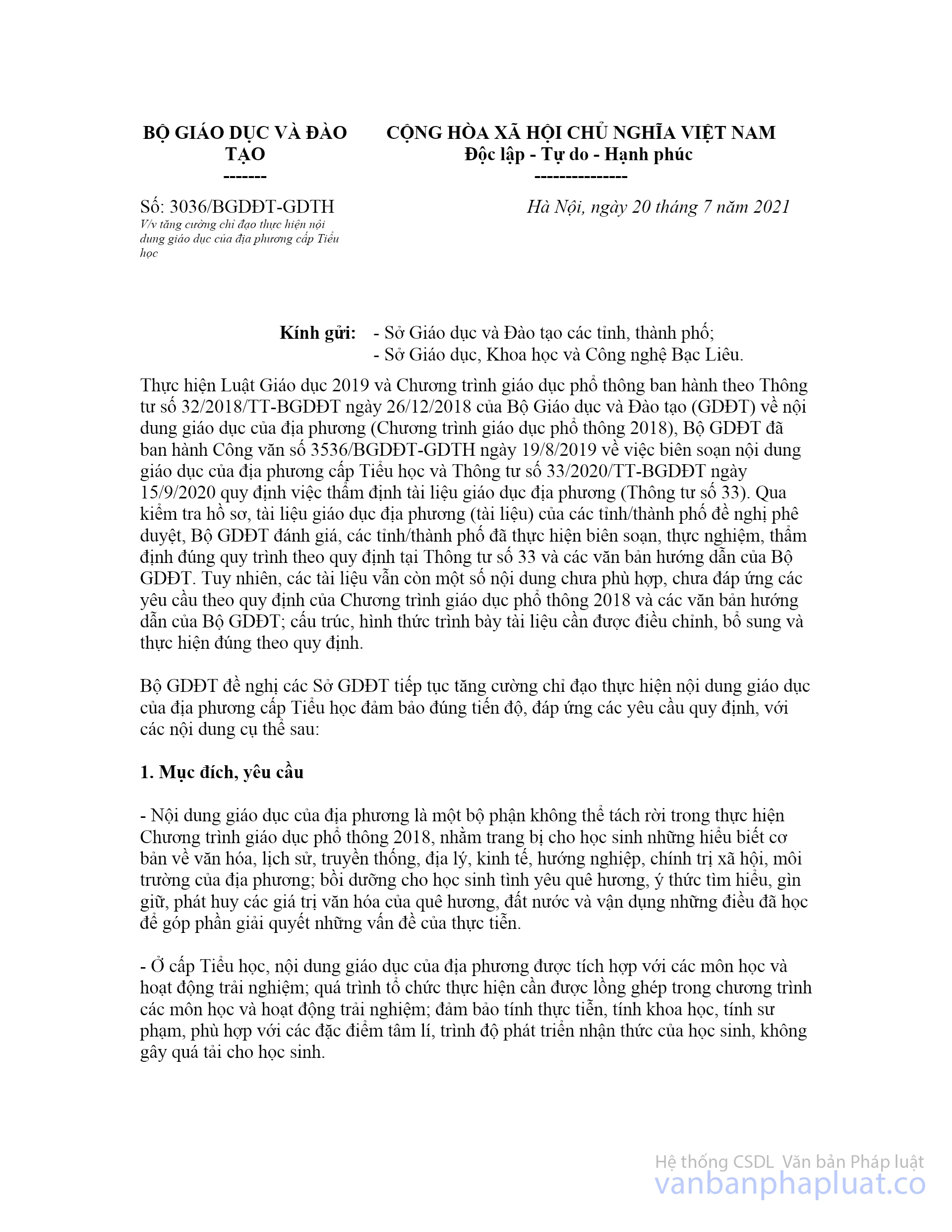 Công văn 3036/BGDĐT-GDTH 2021 chỉ đạo thực hiện nội dung giáo dục của ...