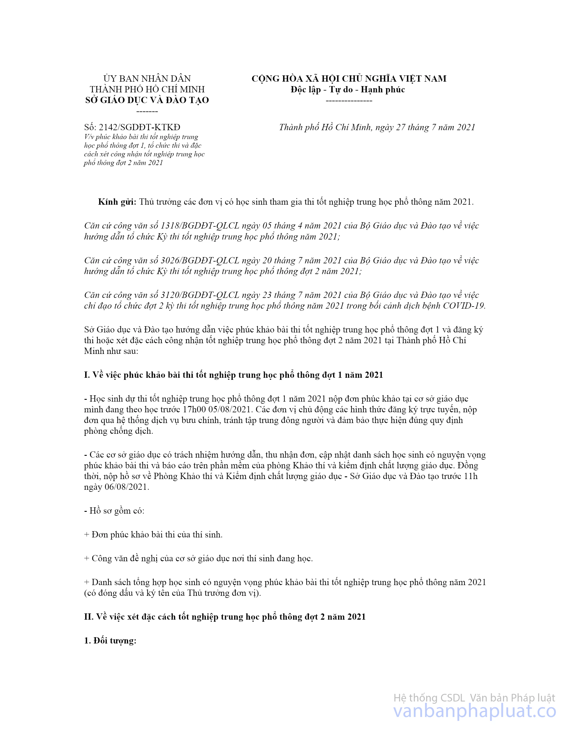 Công văn 2142/SGDĐT-KTKD 2021 phúc khảo bài thi đặc cách xét công nhận ...