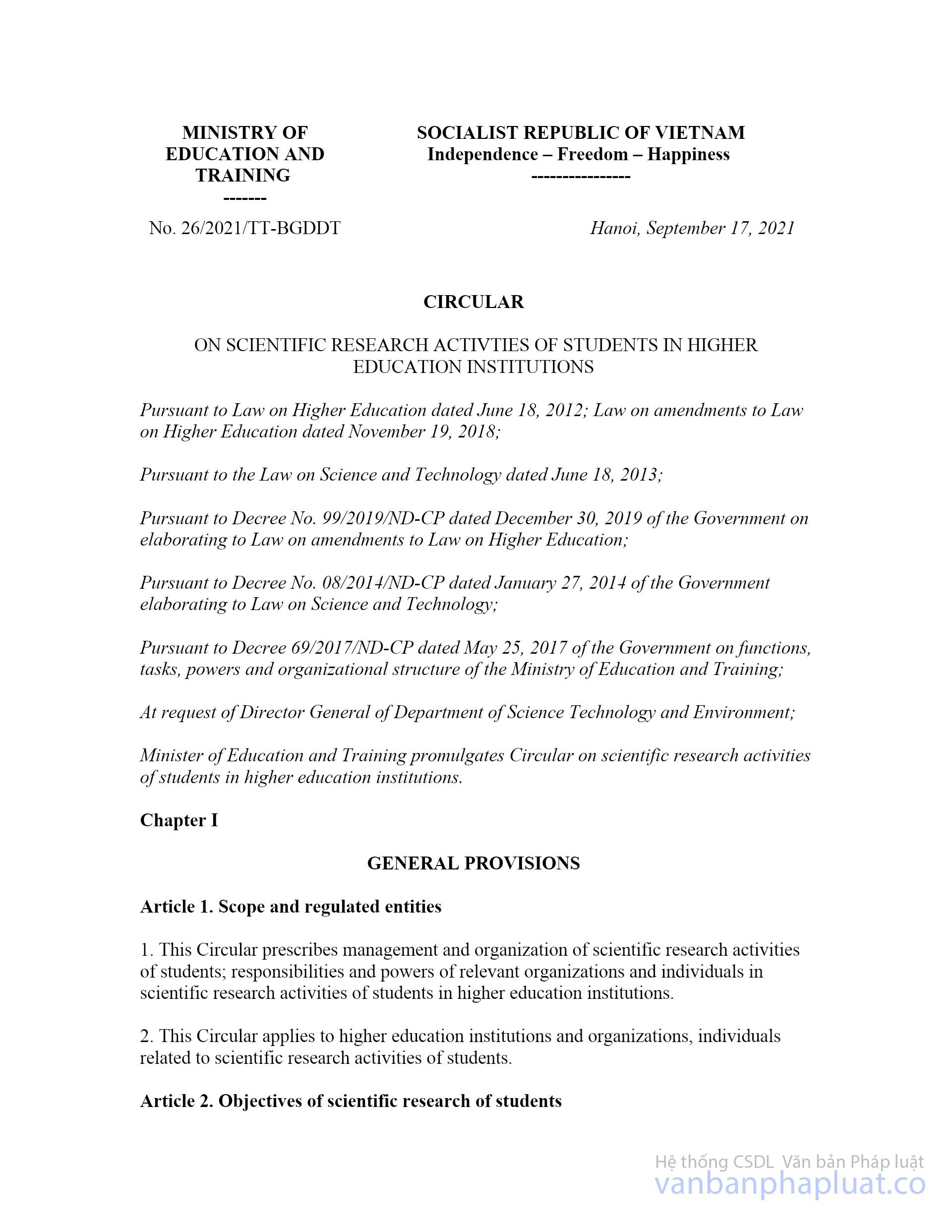 Circular 26/2021/TT-BGDDT scientific research activties of students in ...