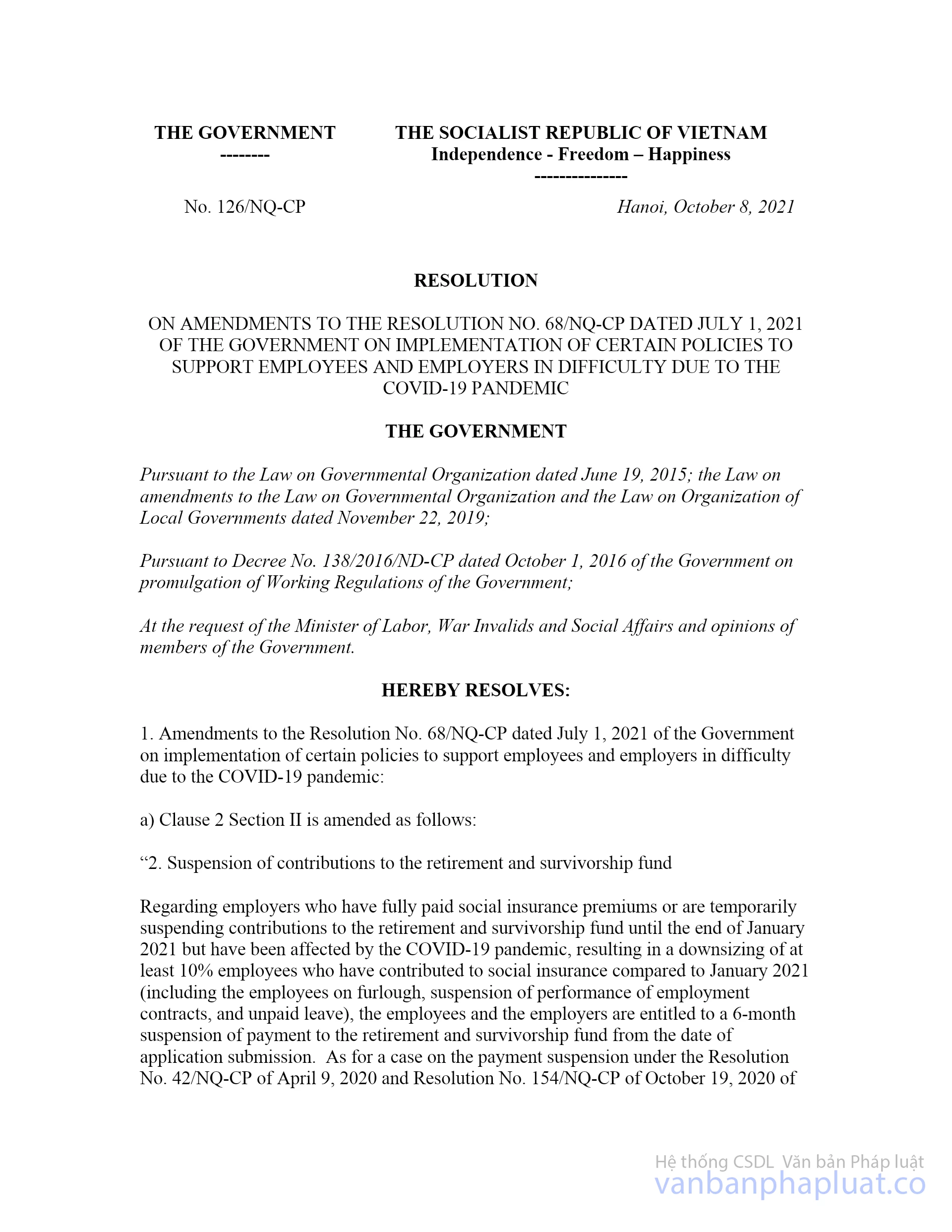 Resolution 126/NQ-CP 2021 amendments to the Resolution 68/NQ-CP