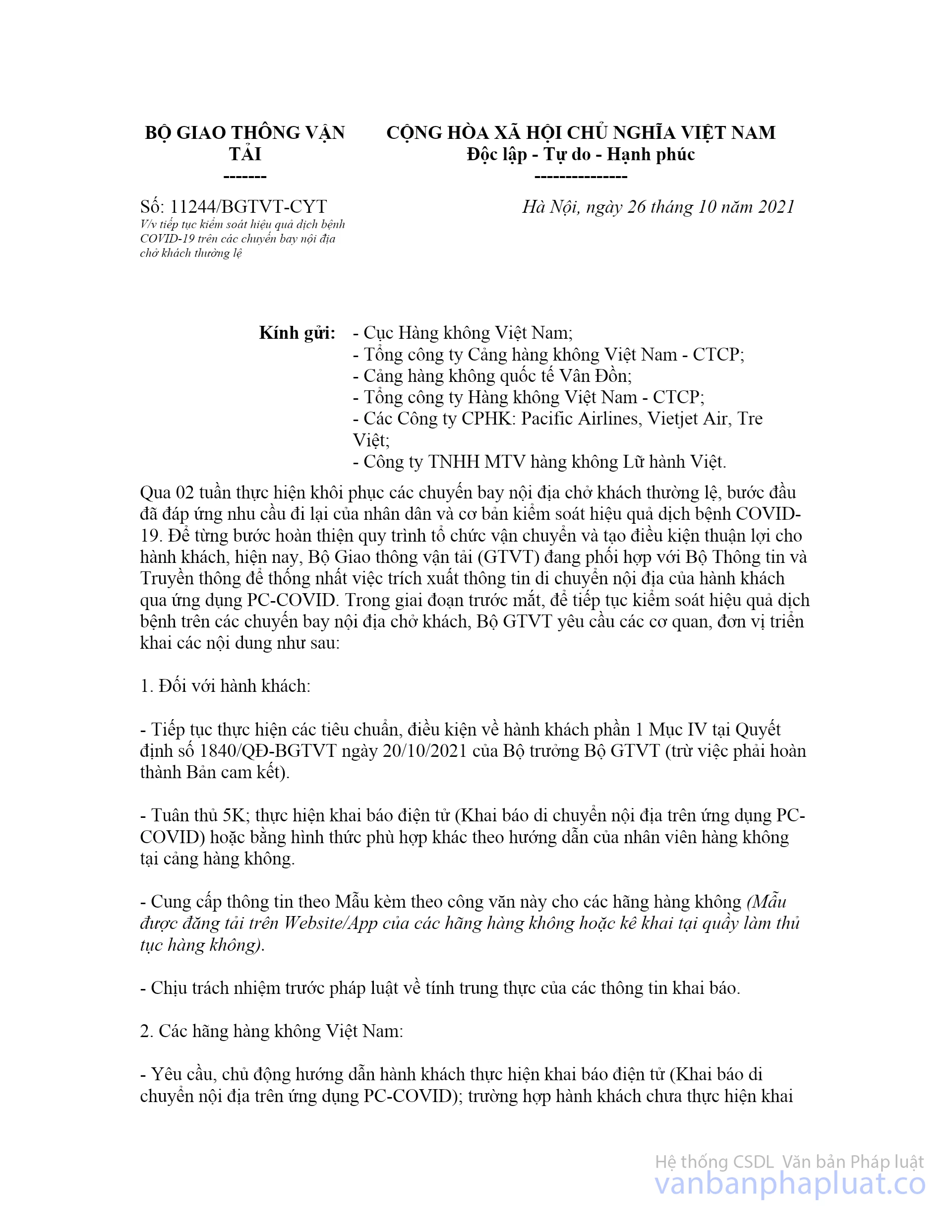 Công văn 11244/BGTVT-CYT 2021 tiếp tục kiểm soát COVID19 trên chuyến ...