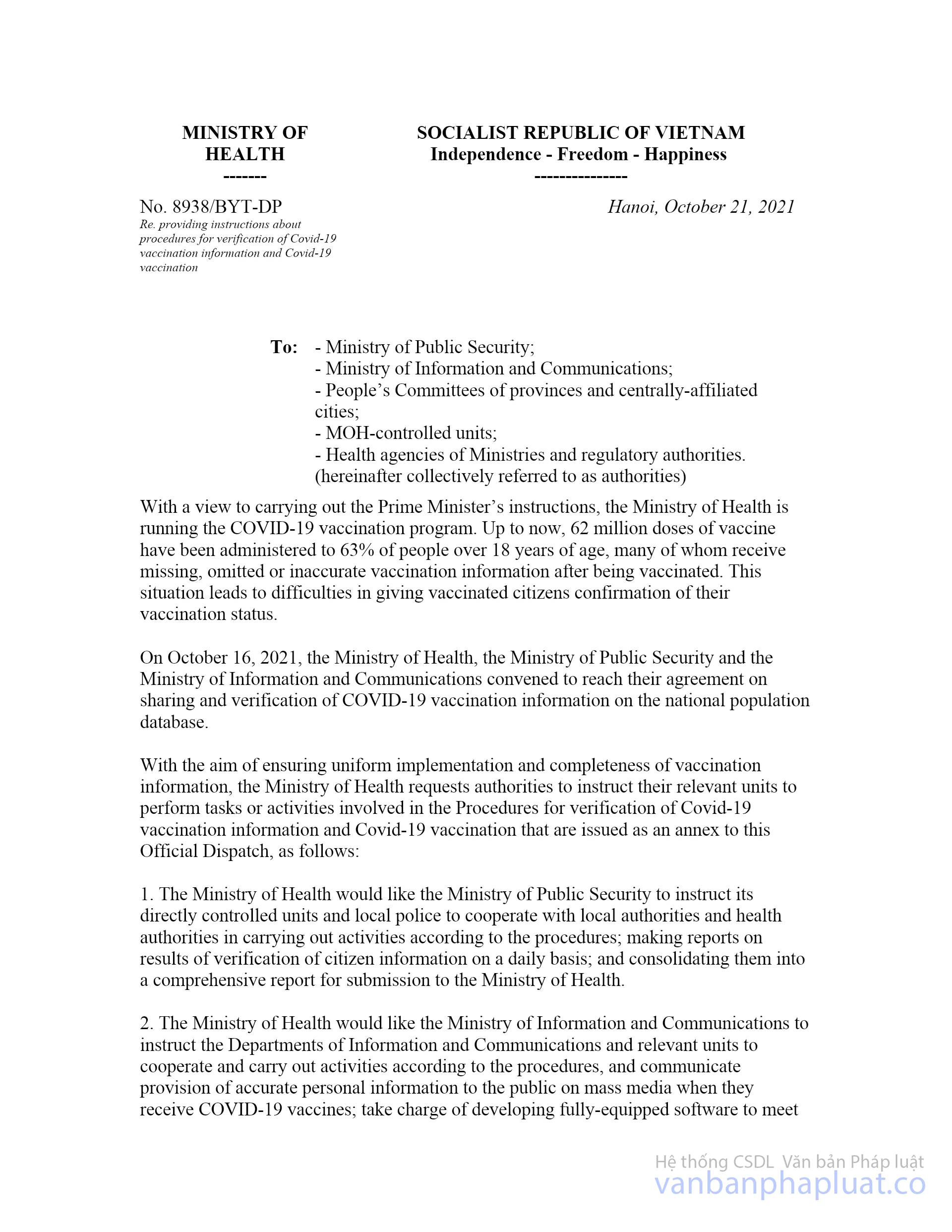 Official Dispatch 8938/BYT-DP 2021 instructions procedures for ...