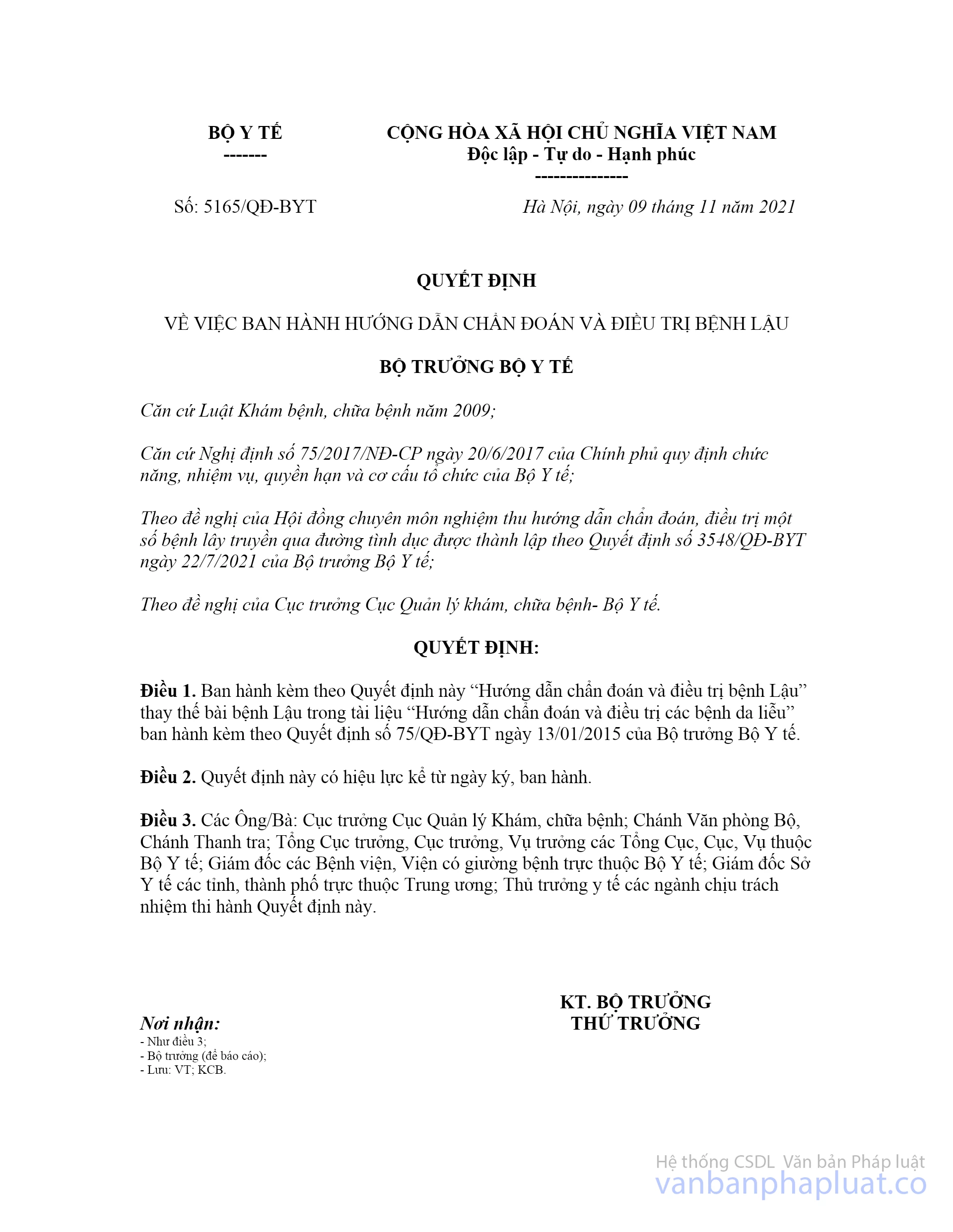 Quyết định 5165/QĐ-BYT 2021 hướng dẫn chẩn đoán và điều trị bệnh Lậu