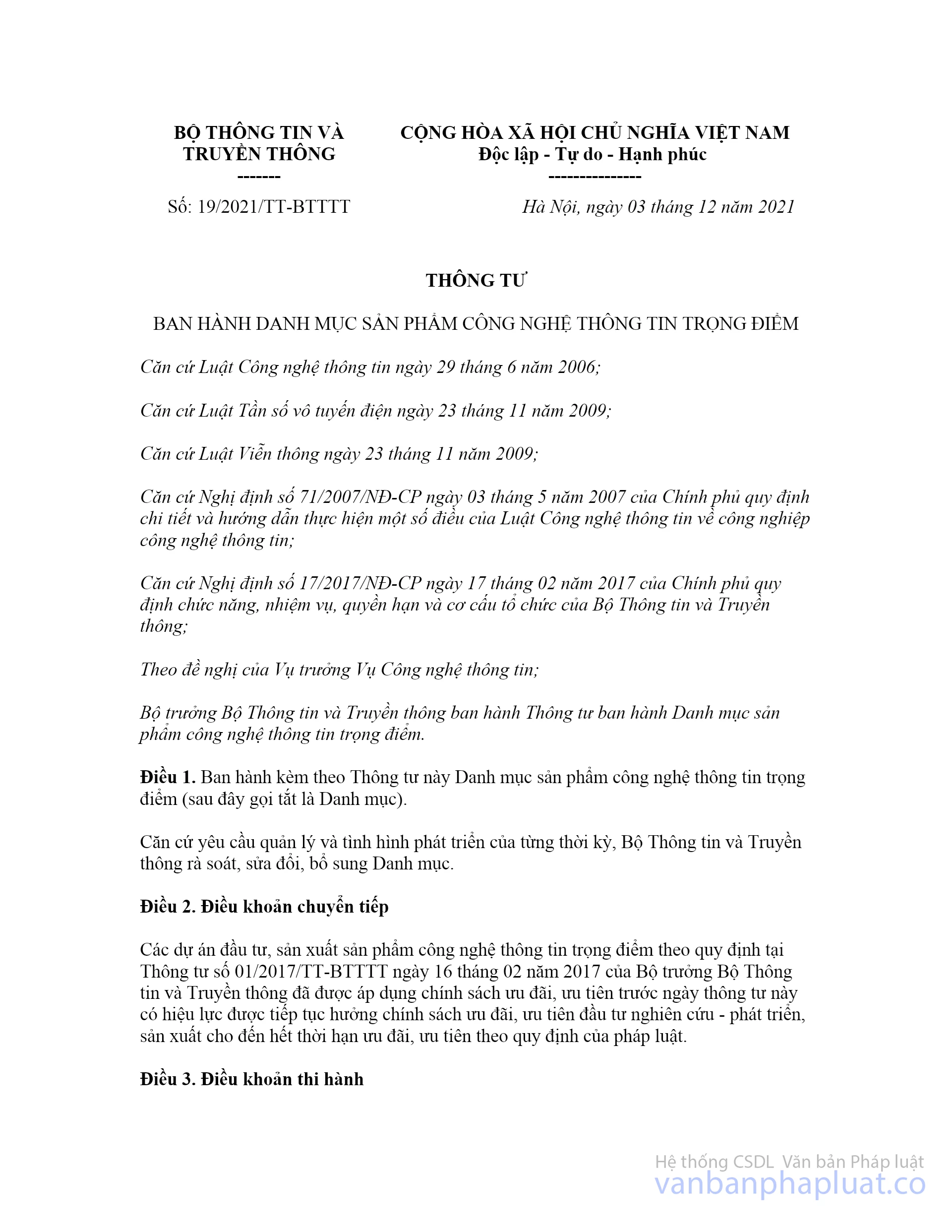 Thông tư 19/2021/TT-BTTTT Danh mục sản phẩm công nghệ thông tin trọng điểm