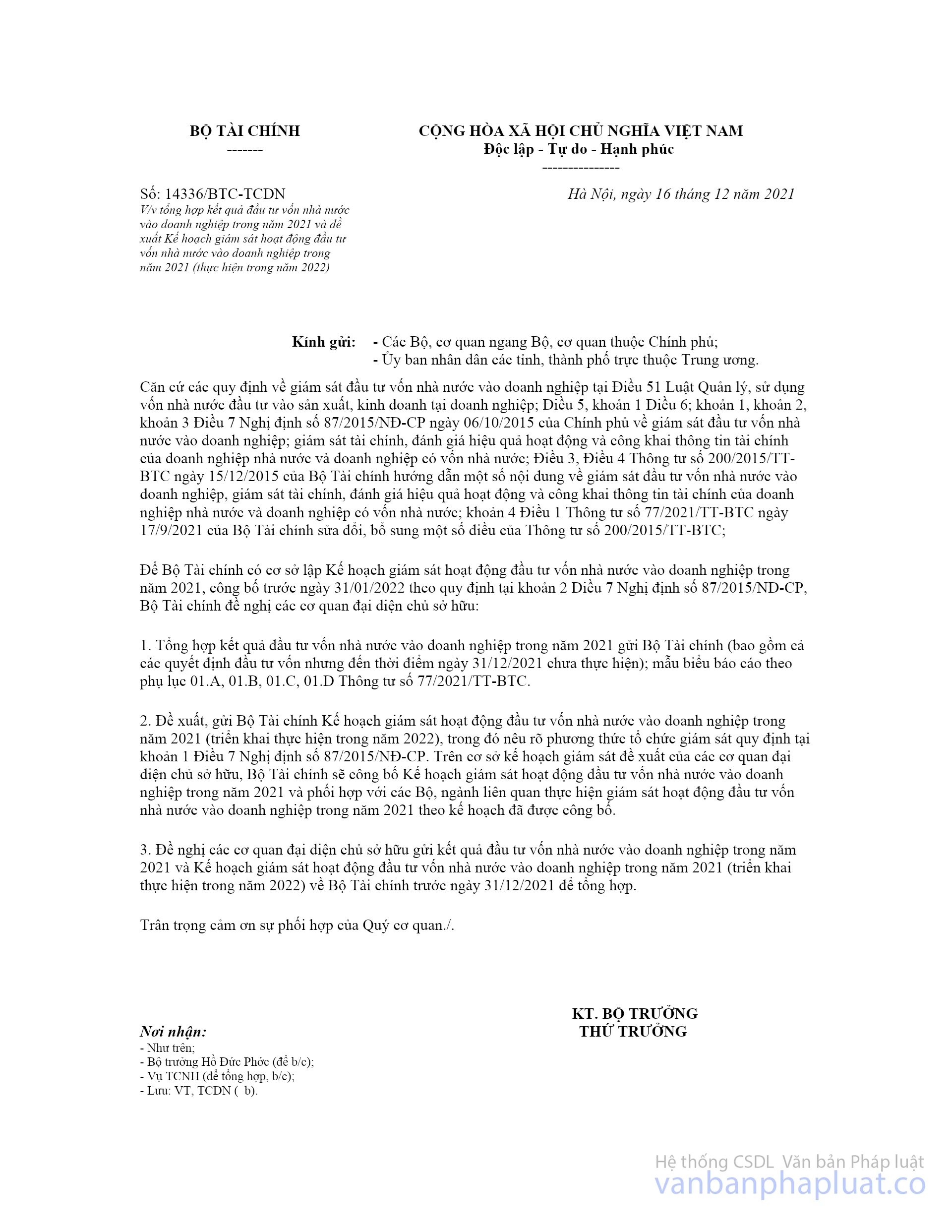Công văn 14336/BTC-TCDN 2021 tổng kết và giám sát hoạt động đầu tư vốn ...