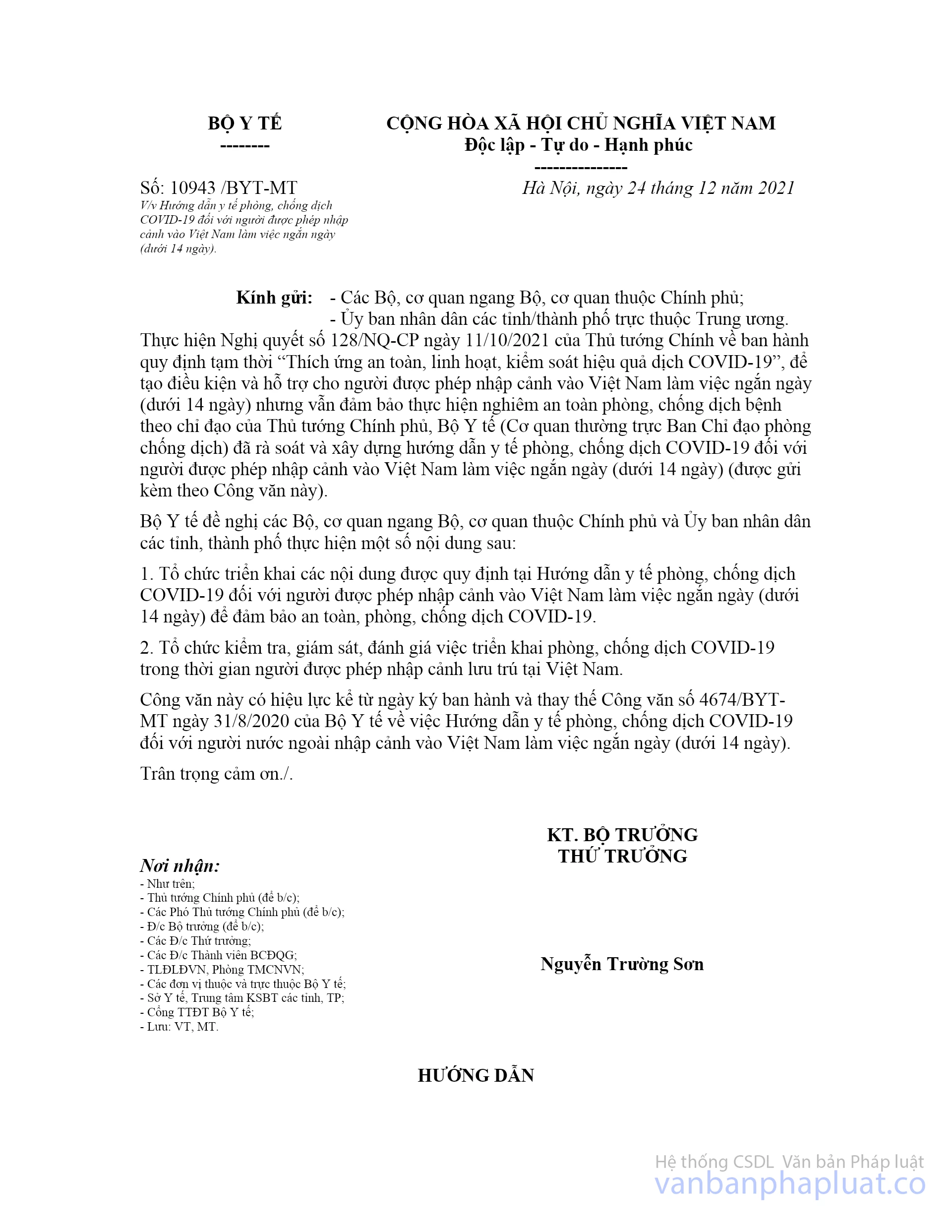 Công văn 10943/BYT-MT 2021 phòng chống COVID19 người nhập cảnh làm việc ...