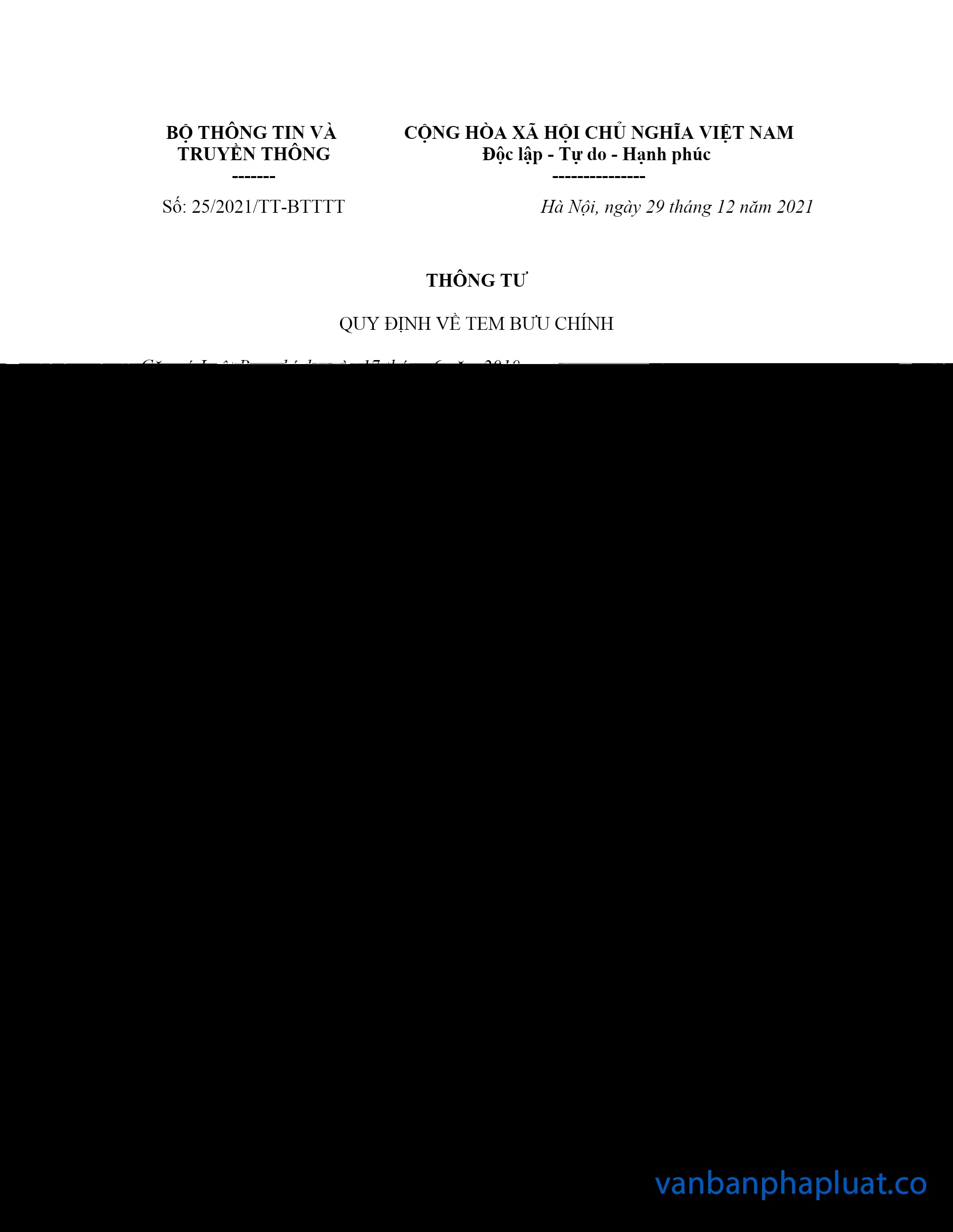 Thông tư 25/2021/TT-BTTTT tem bưu chính