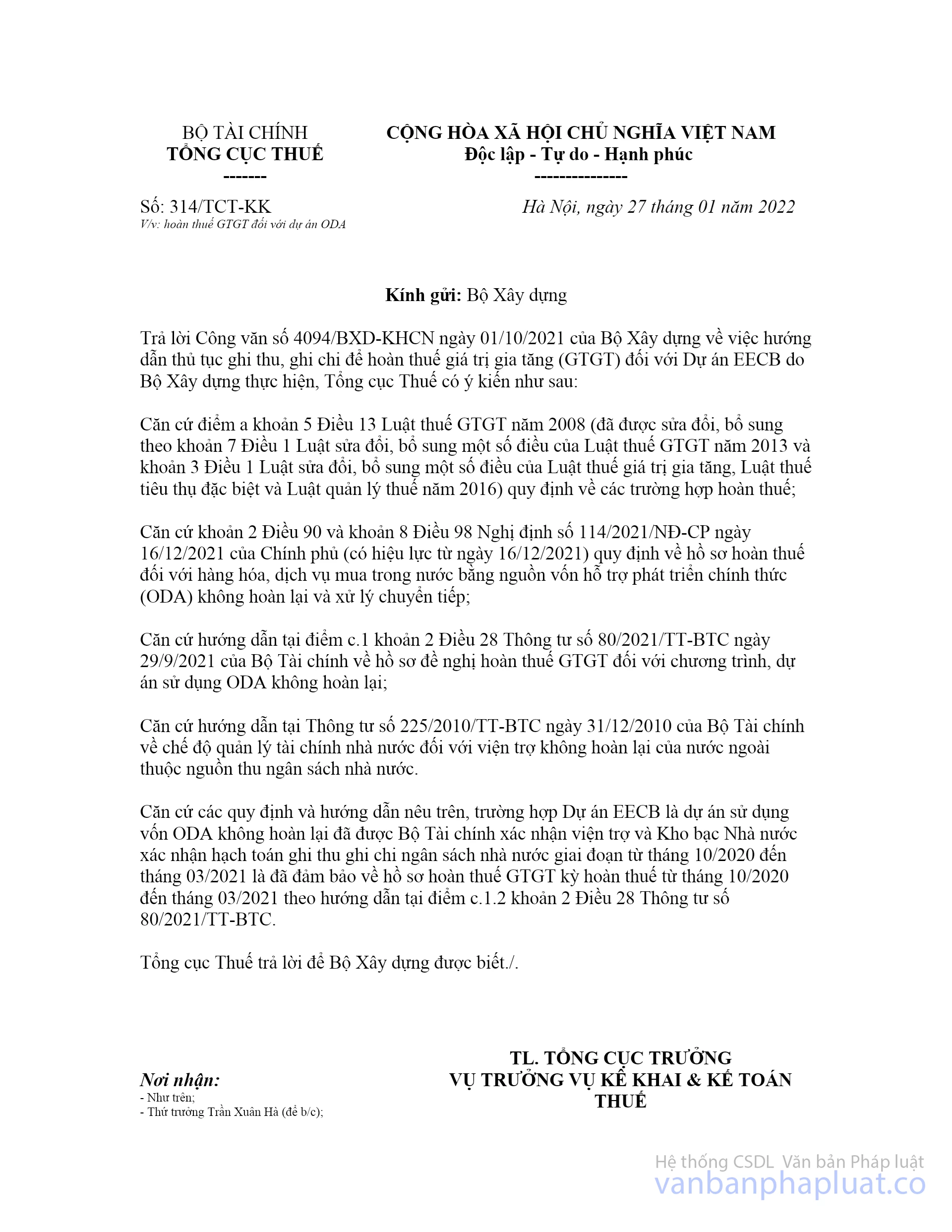 Công văn 314/TCT-KK 2022 hoàn thuế giá trị gia tăng dự án ODA