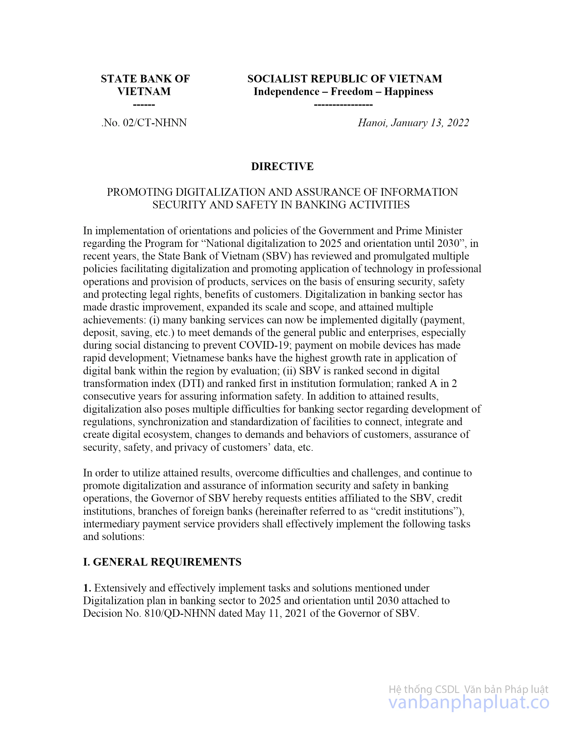 Directive 02/CT-NHNN 2022 promoting digitalization in banking activities Directive 02/CT-NHNN 2022 promoting digitalization in banking activities