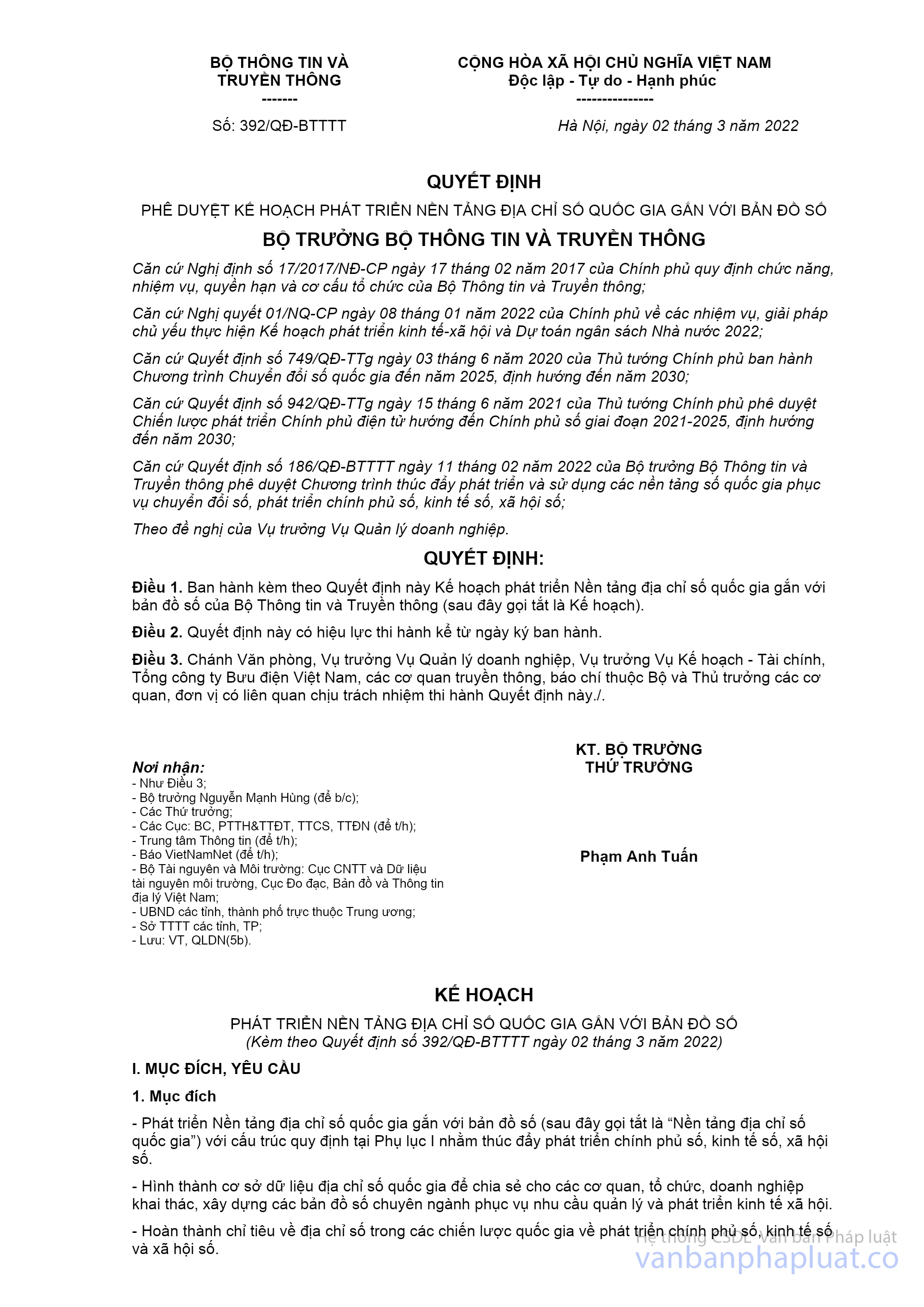 Quyết định 392/QĐ-BTTTT 2022 phát triển Nền tảng địa chỉ số quốc gia ...