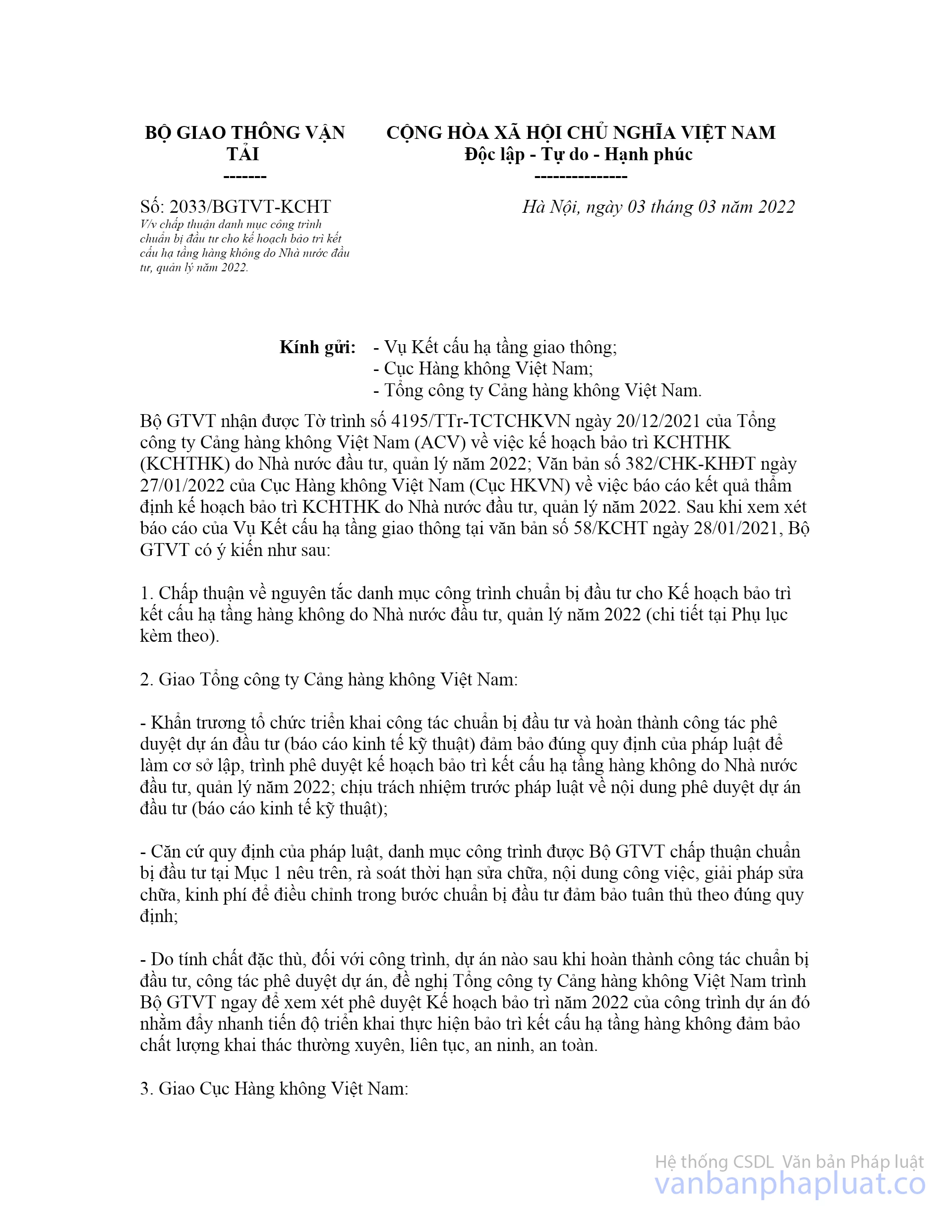 Công văn 2033/BGTVT-KCHT 2022 chấp thuận danh mục bảo trì kết cấu hạ ...