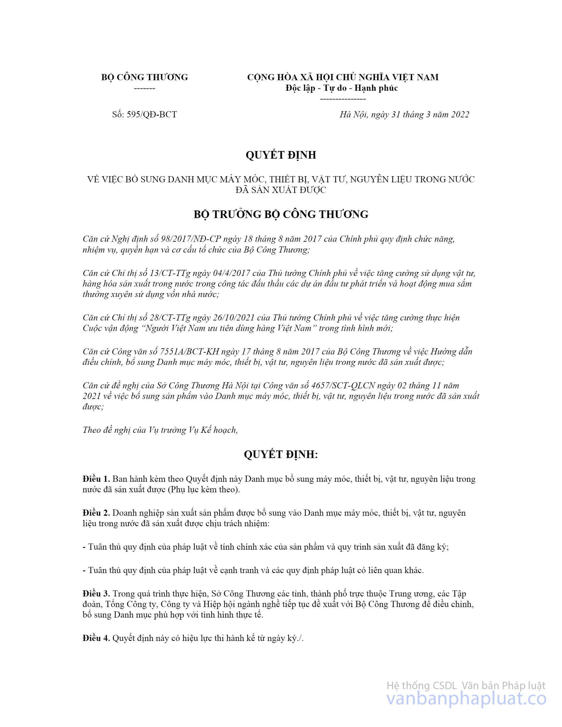 Quyết định 595/QĐ-BCT 2022 bổ sung máy móc nguyên liệu trong nước đã sản xuất được