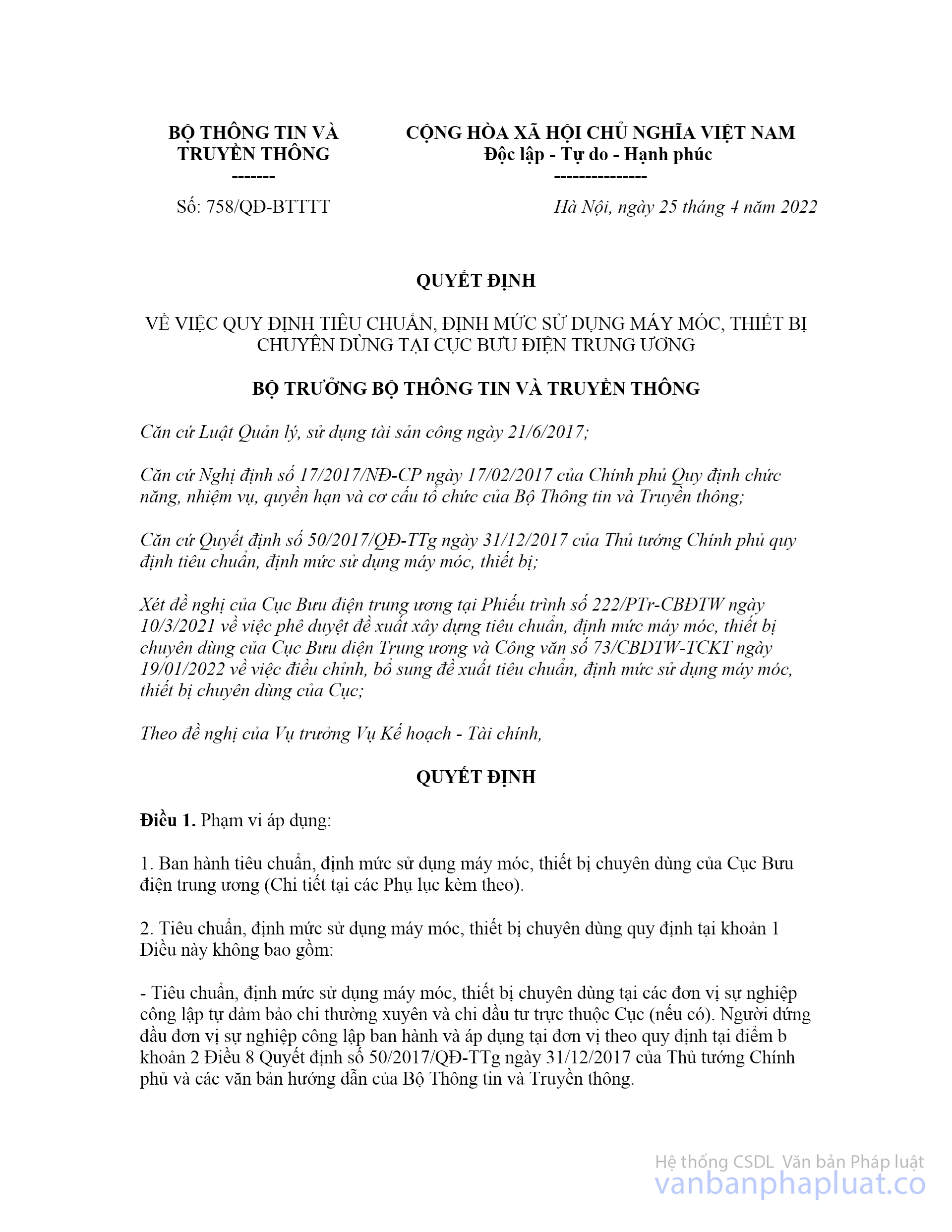 Quyết định 758/QĐ-BTTTT 2022 tiêu chuẩn máy móc chuyên dùng tại Cục Bưu ...