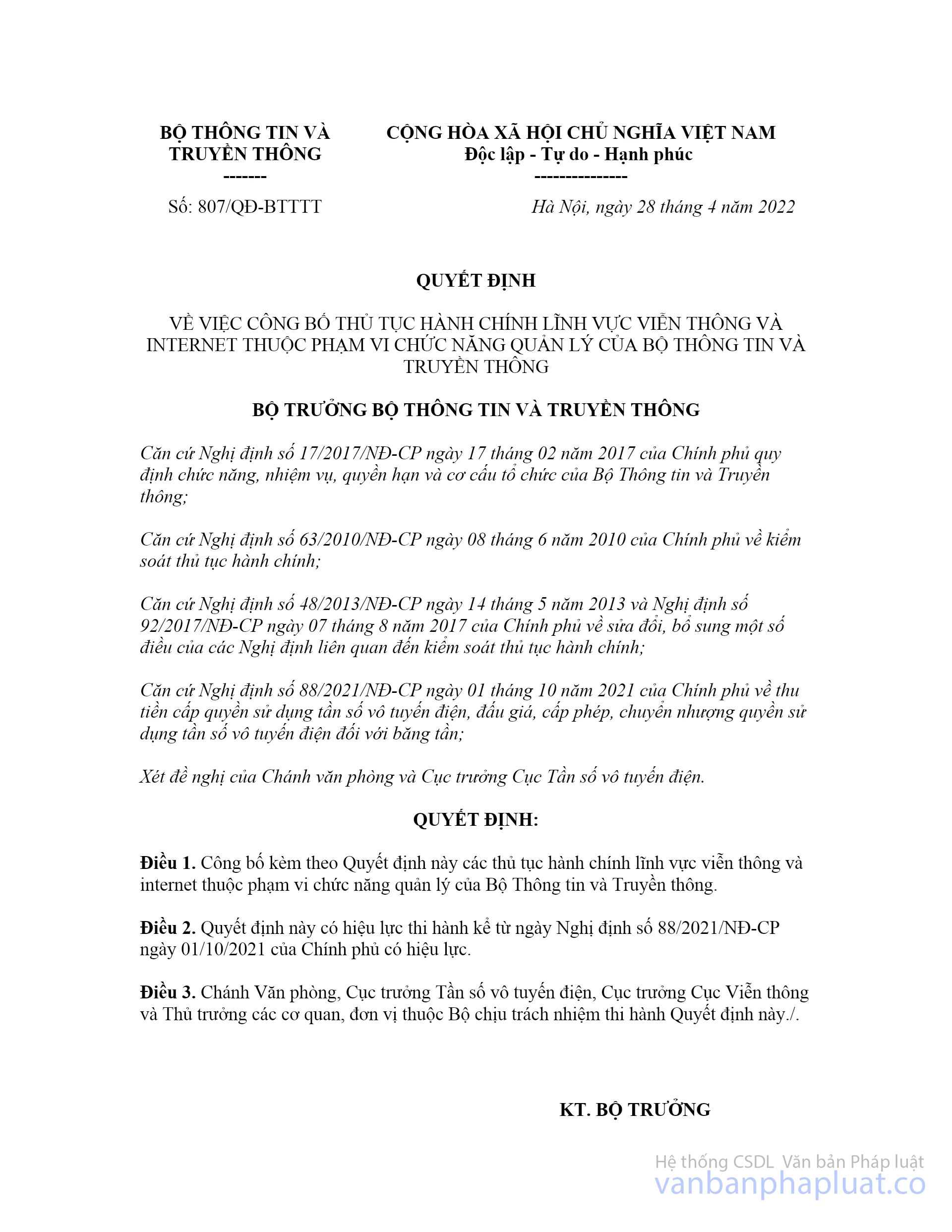 Quyết định 807/QĐ-BTTTT 2022 công bố thủ tục hành chính lĩnh vực viễn ...
