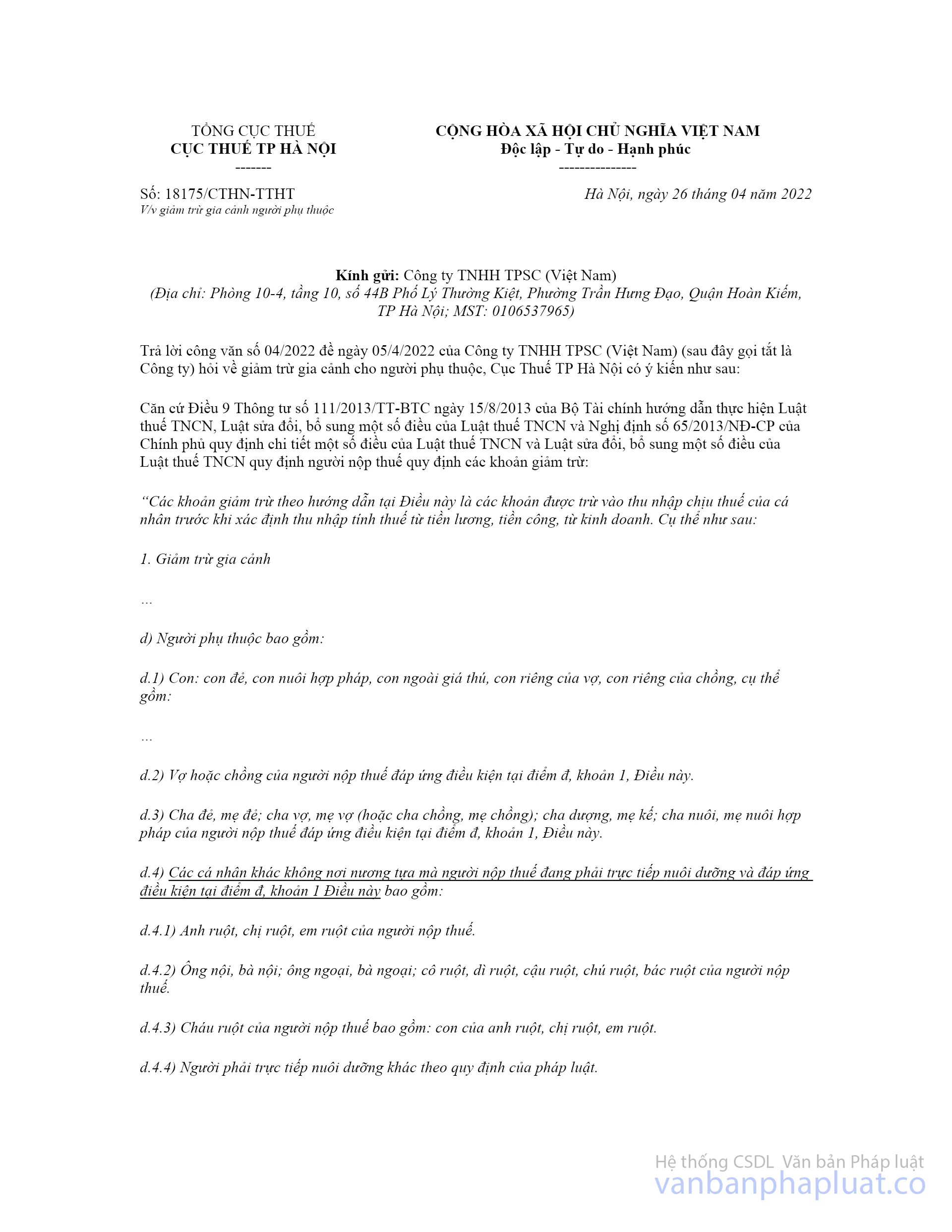 Công văn 18175/CTHN-TTHT 2022 giảm trừ gia cảnh người phụ thuộc Cục ...