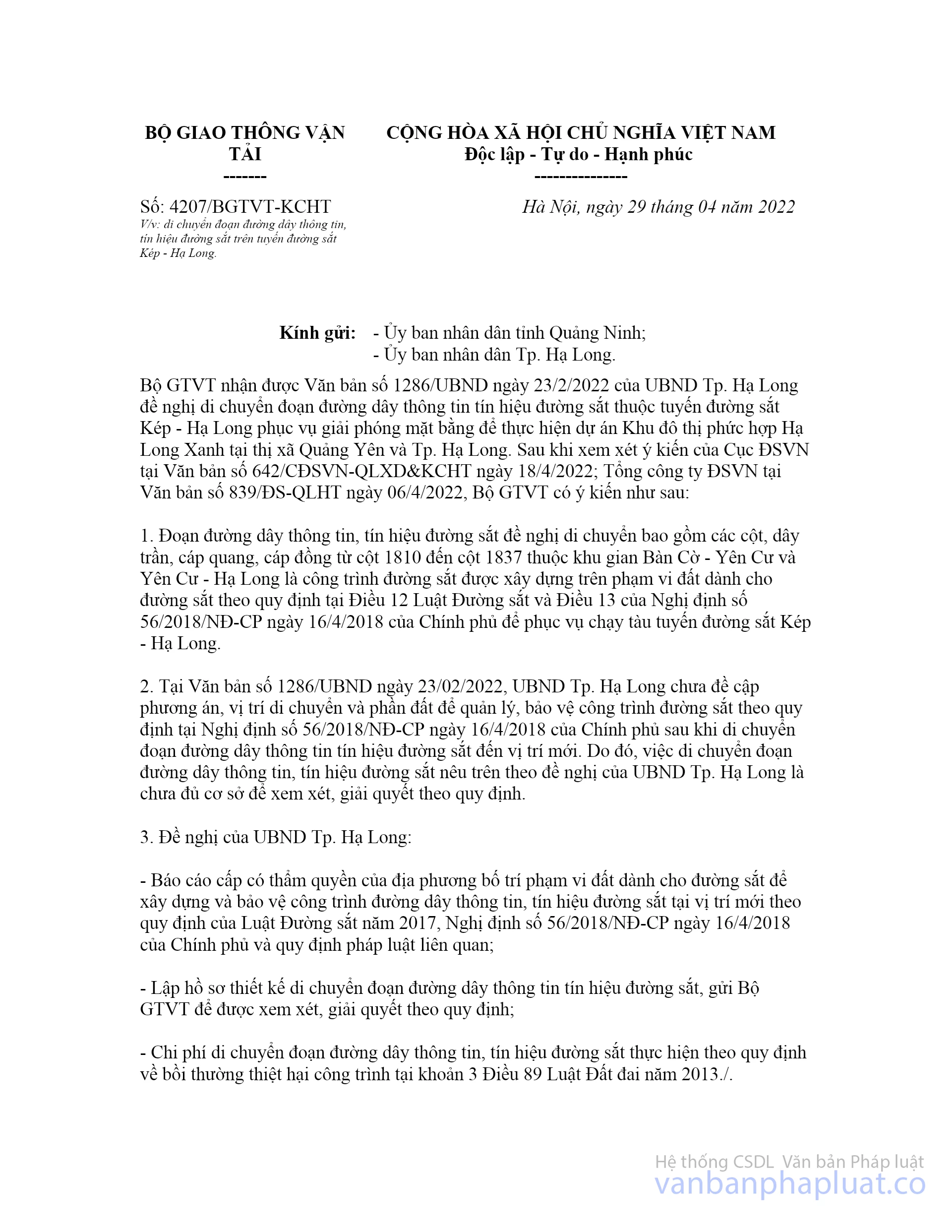 Công văn 4207/BGTVT-KCHT 2022 di chuyển đoạn đường dây thông tin tuyến ...