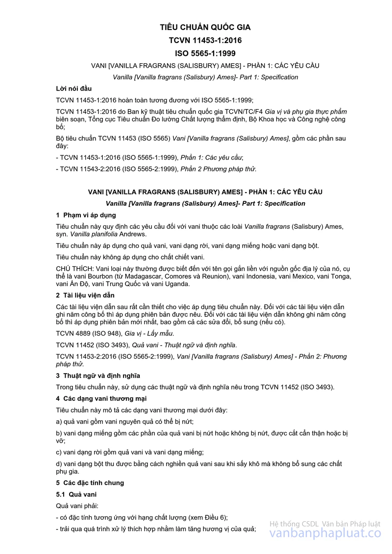 Tiêu chuẩn quốc gia TCVN 11452:2016 (ISO 3493:2014) về Quả vani - Thuật ngữ và định nghĩa