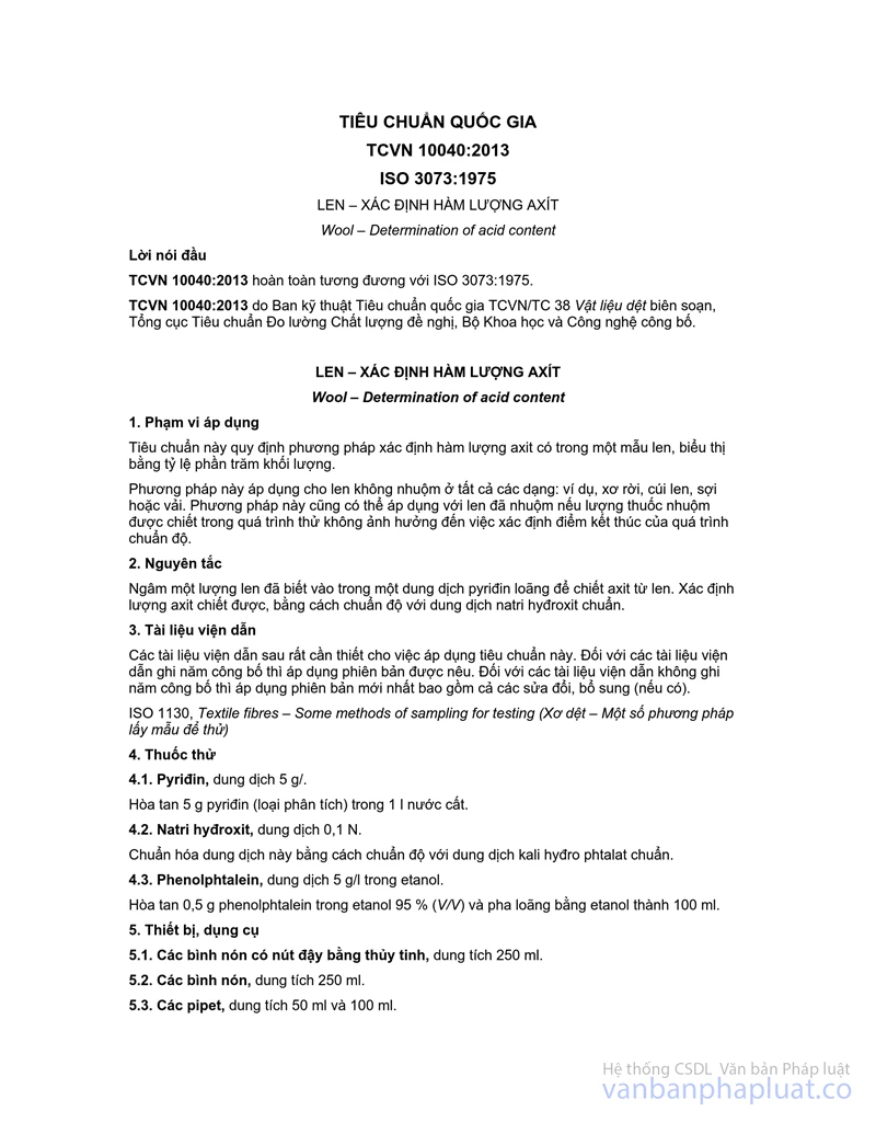 Tiêu chuẩn quốc gia TCVN 10039:2013 (ISO 3072:1975) về Len - Xác định ...