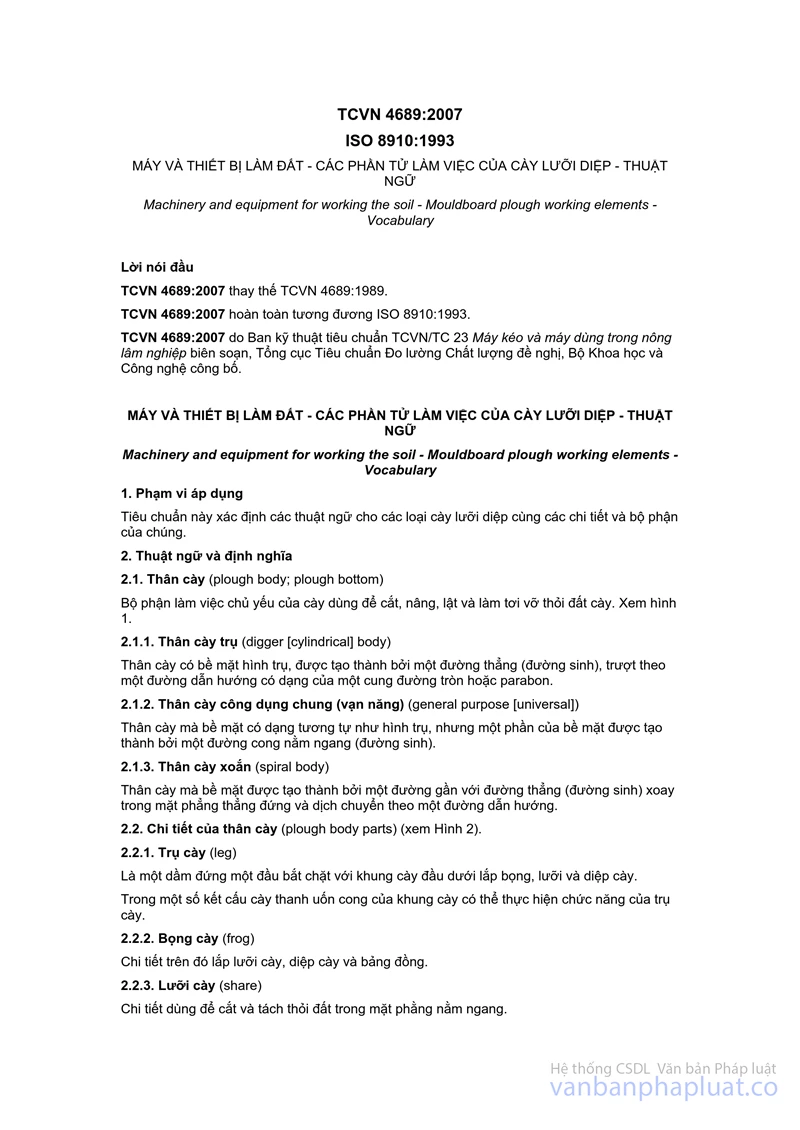 Tiêu chuẩn Việt Nam TCVN 4689:1989 về máy nông nghiệp - Máy cày lưỡi diệp treo - Thuật ngữ và ...
