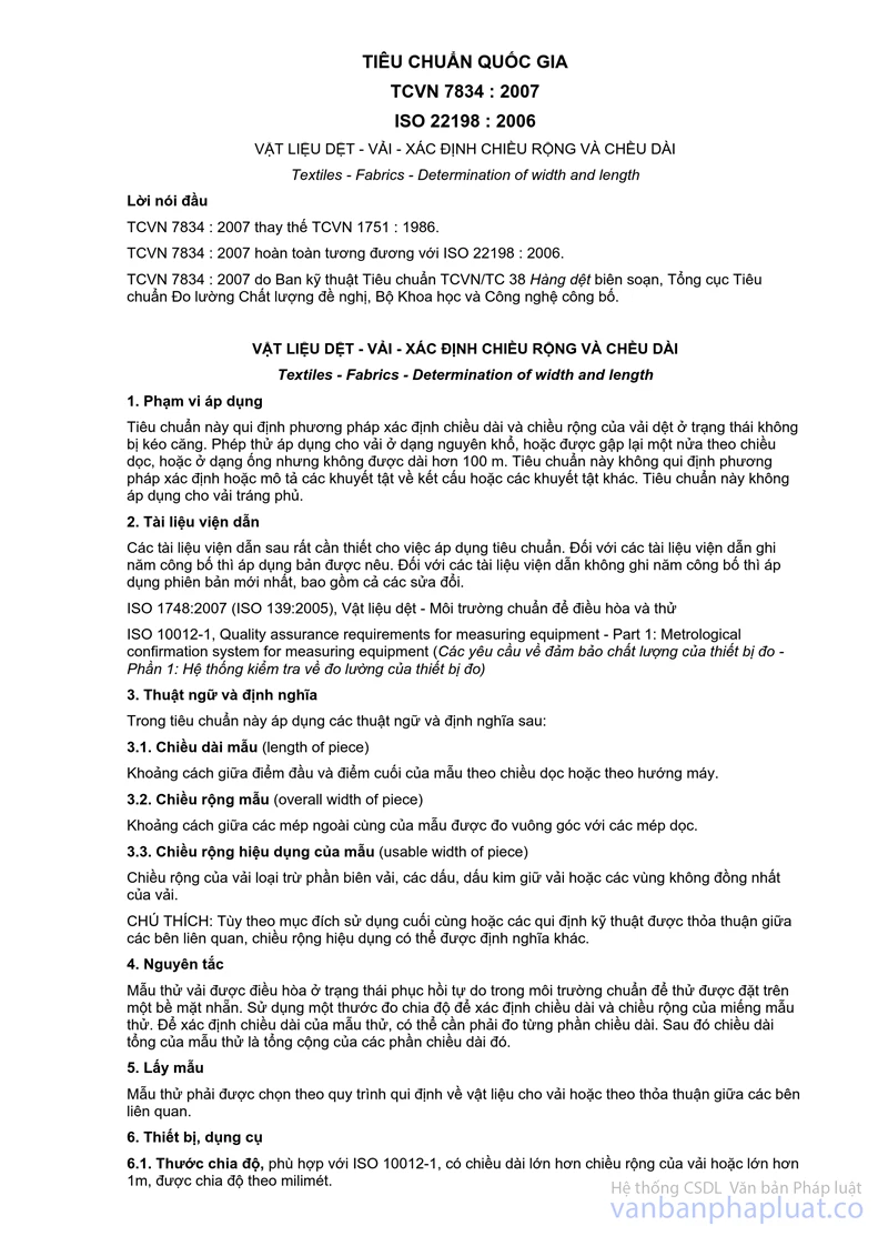 Tiêu chuẩn quốc gia TCVN 12341:2018 (ISO 3759:2011) về Vật liệu dệt - Chuẩn bị, đánh dấu và đo ...